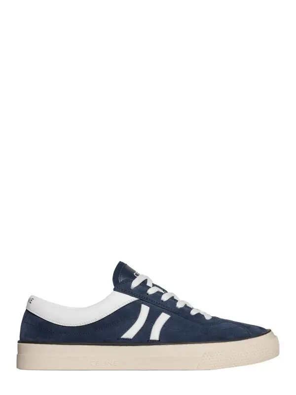 Celine Sunset Low Lace-up Sneakers In Suede Calfskin - Blue/fluorescent White