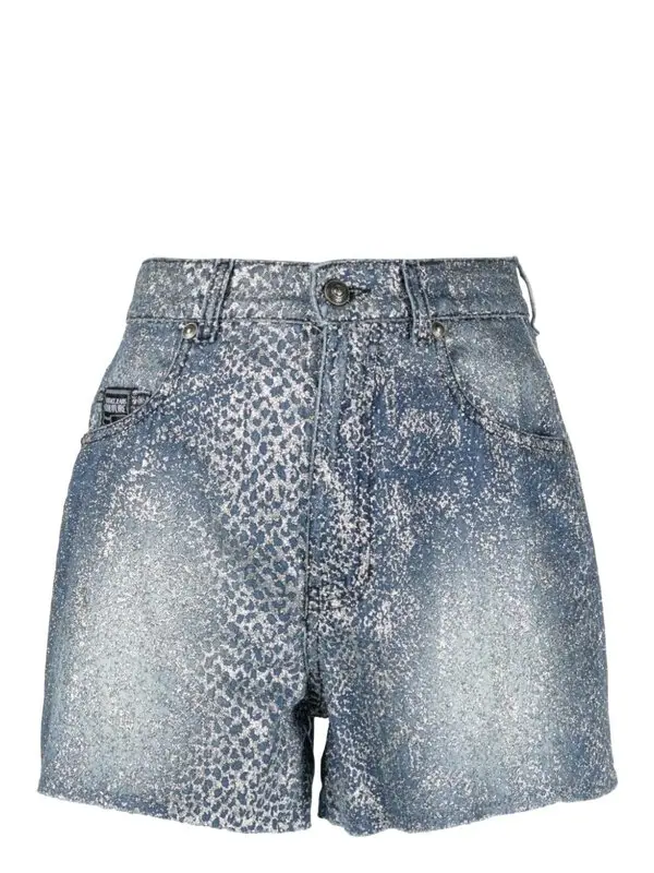 Versace High Waist Snakeskin Effect Denim Shorts - Gray