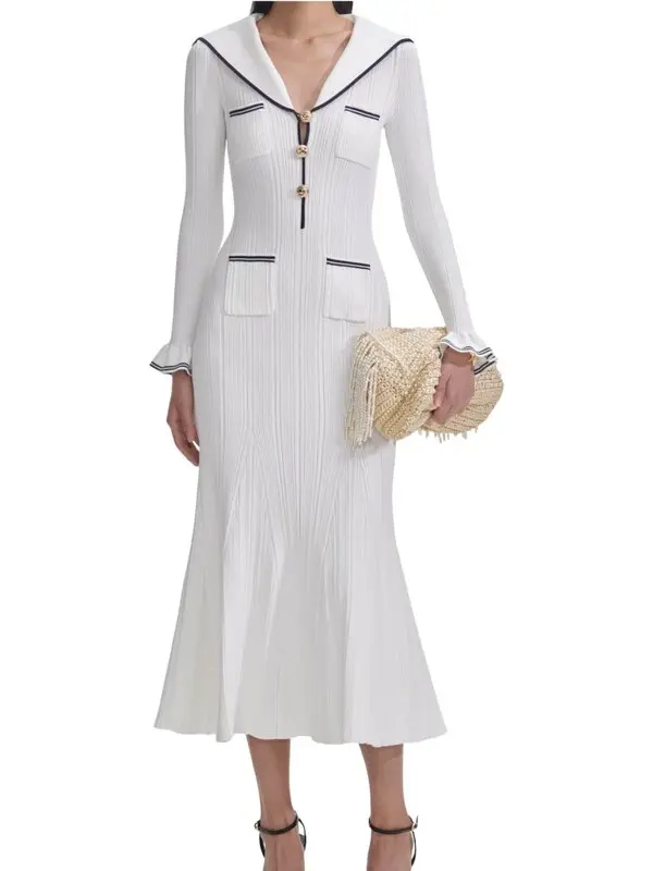 SELF-PORTRAIT Ribbed Midi Dress With Sailor Collar - White