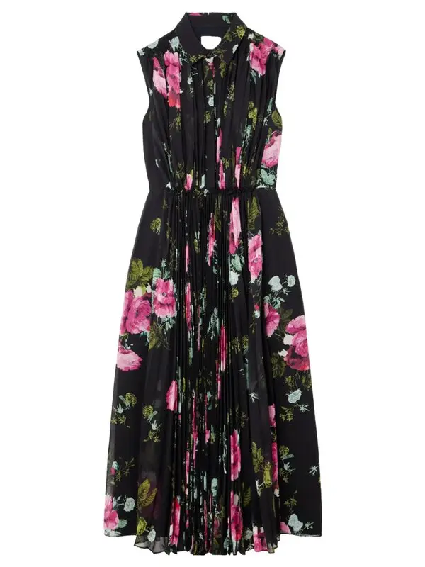 Erdem Pleated Floral Print Midi Dress - Black