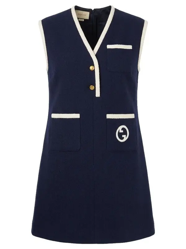 Gucci Retro Tweed Sleeveless Mini Dress With White Ribbon Trim - Blue