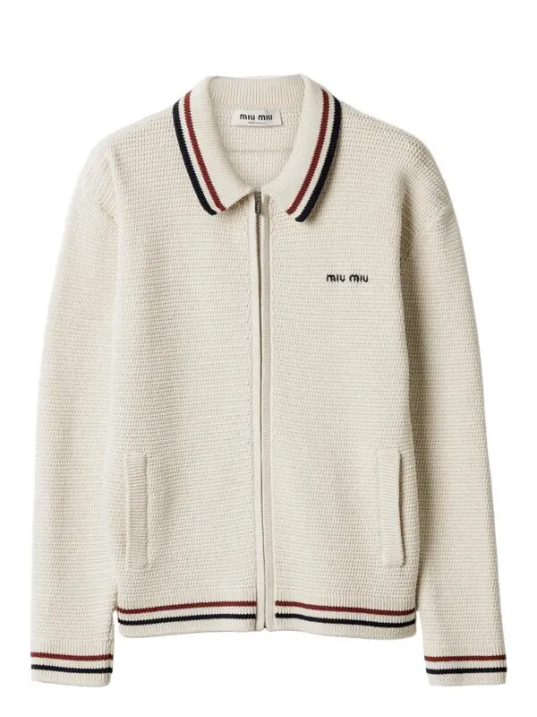 Miu Miu Cotton Knit Zipper Cardigan With Crochet Motif - White