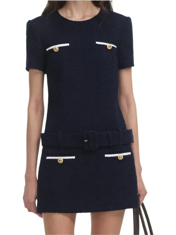 SELF-PORTRAIT Belted Waist Tweed Shorts - Navy Blue