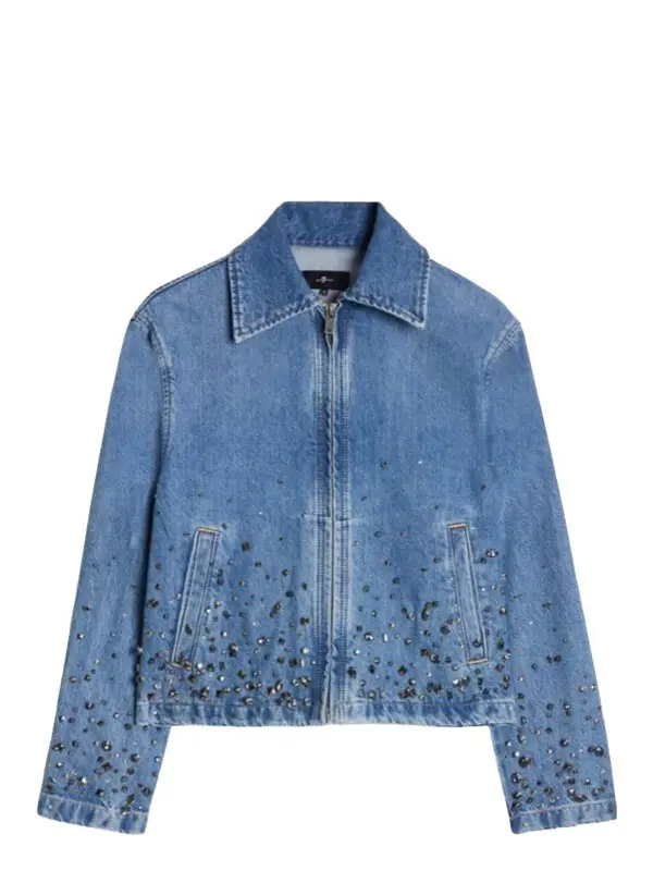 7 For All Mankind Embellished Denim Zip Jacket - Medium Blue
