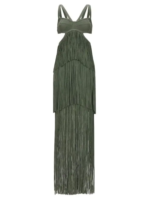 Herve Leger Fringe V-neck Maxi Dress - Black