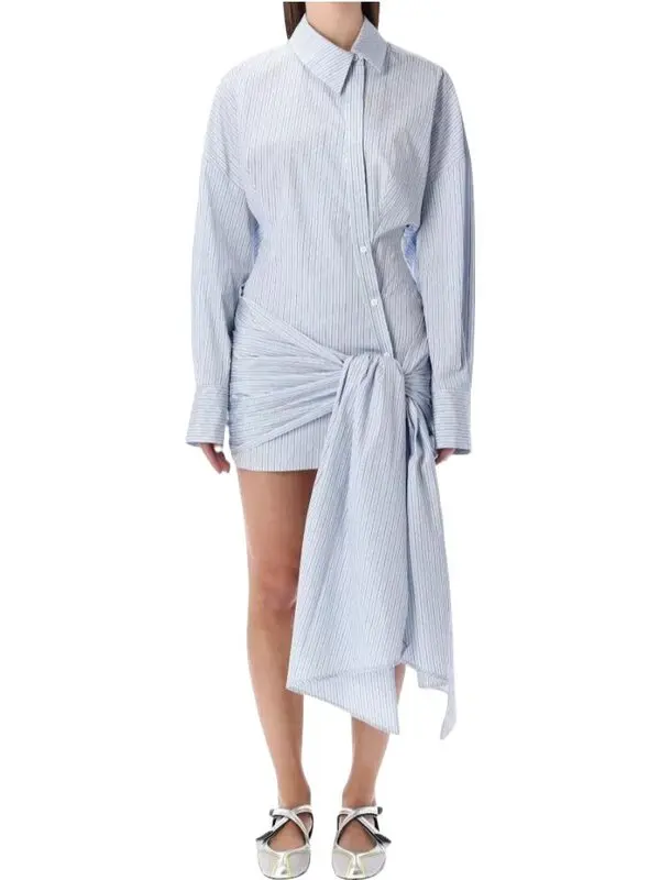 Attico Long-sleeved Shirt Dress With Asymmetrical Detail - Light Blue White Stripes