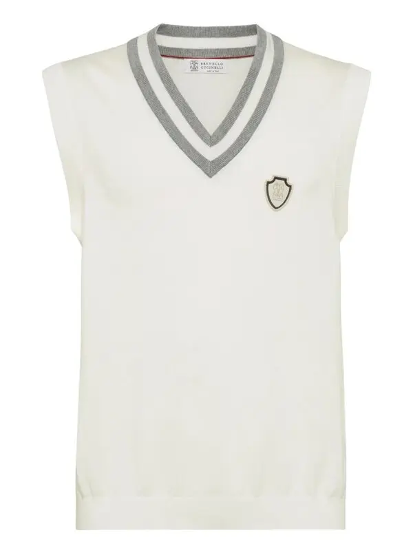 Brunello Cucinelli V-neck Logo Embroidered Vest - White