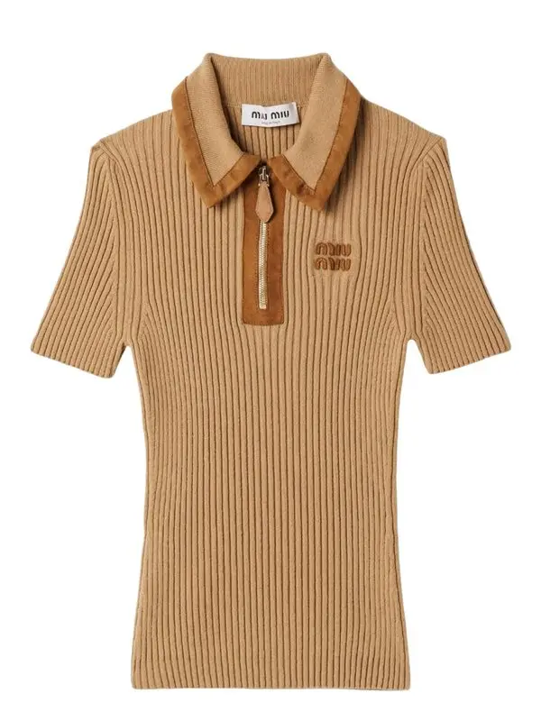 Miu Miu Short-sleeved Ribbed Polo Shirt With Zip Closure - Sand-colored