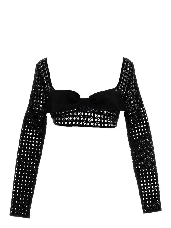 Giambattista Valli Cropped Lace Bow Top With Long Sleeves - Black