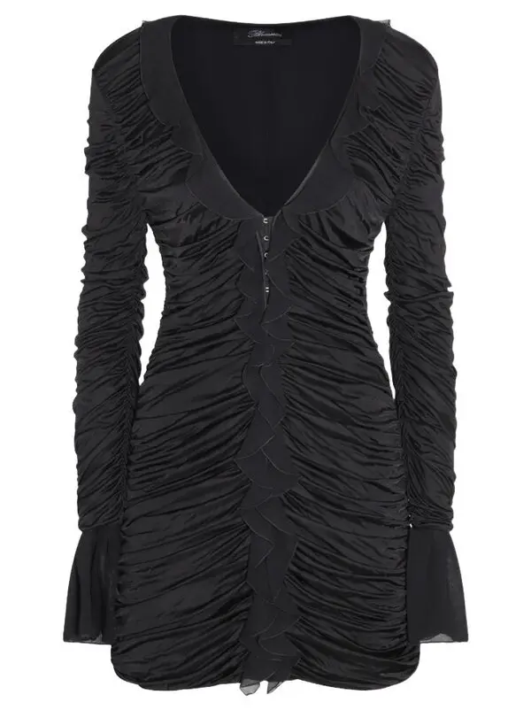 Blumarine Long-sleeved Ruffled V-neck Dress - Black