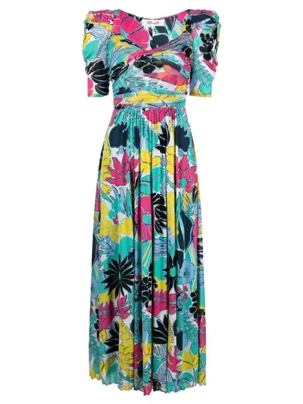 Diane Von Furstenberg Printed Round Neck Short Sleeve Maxi Dress - Multicolor