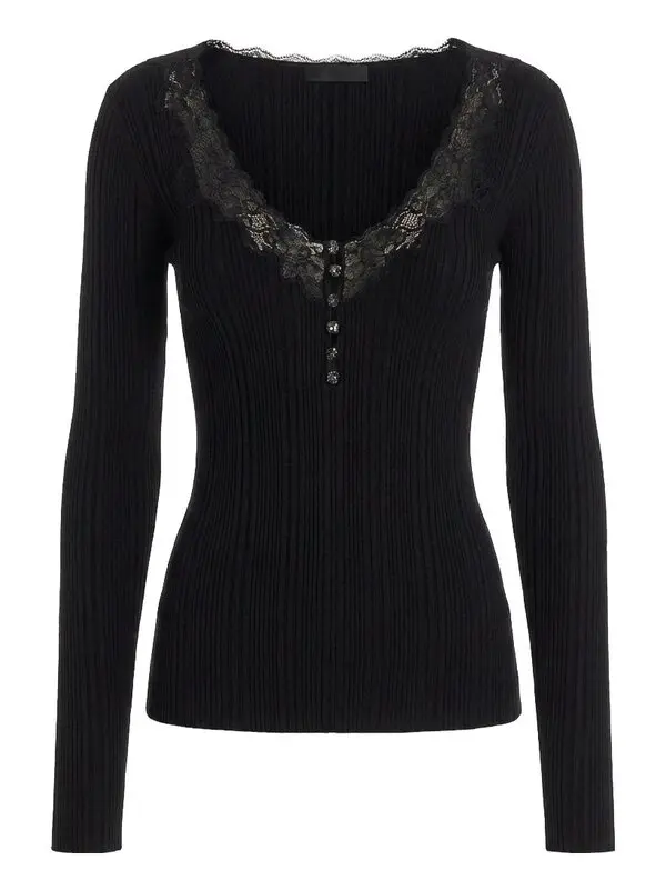 SELF-PORTRAIT Lace Trim Knit Top - Black