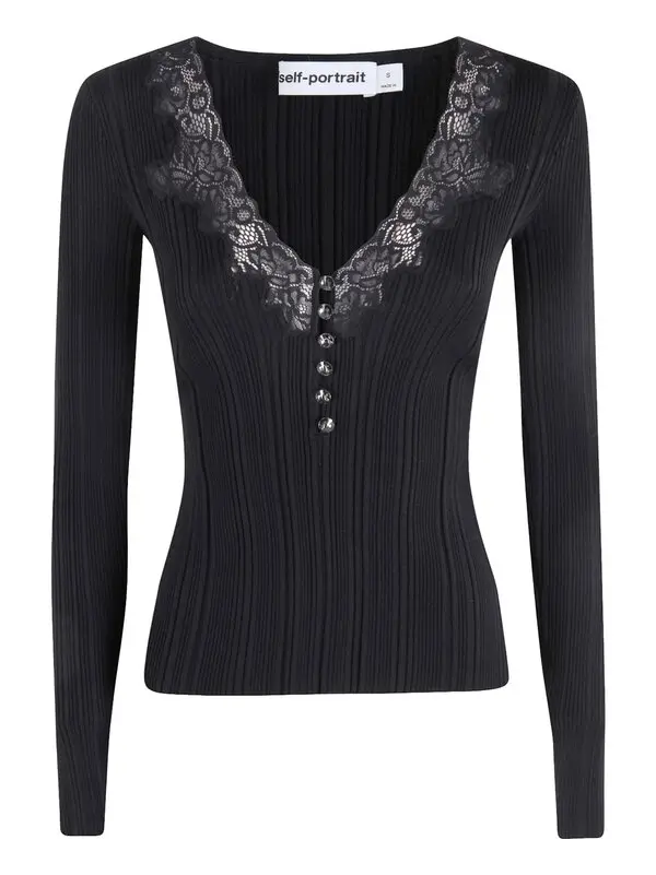 SELF-PORTRAIT Lace Trim Knit Top - Black