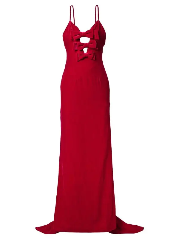 Alessandra Rich Bow-trimmed Deep V-neck Gown - Red
