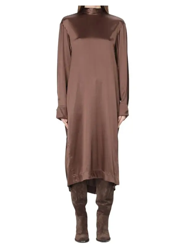 Dries Van Noten Long-sleeved Dress With Tie Collar - Brown