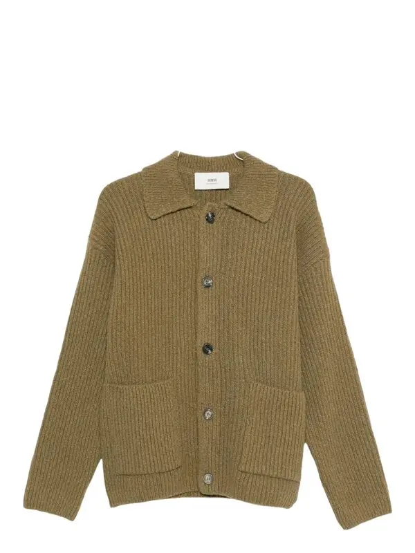 Ami Ribbed Cardigan With Lapel Collar - Brown