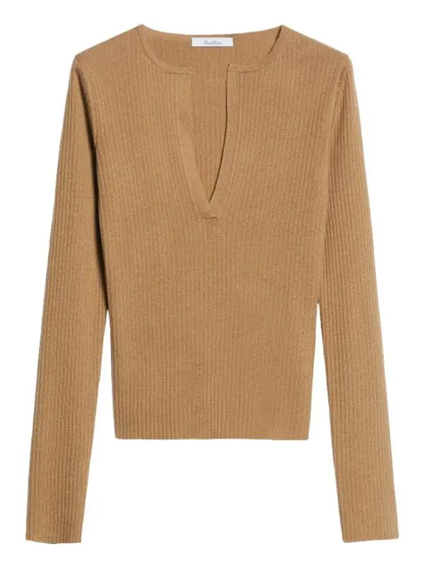 Max Mara V-neck Long-sleeved Ribbed Top - Camel