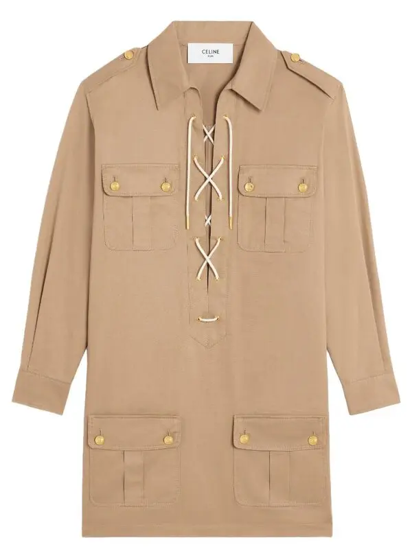 Celine Saharienne Mini Dress In Cotton Linen - Nude