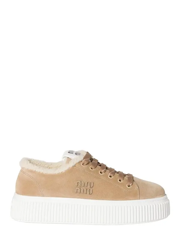 Miu Miu Suede Platform Sneakers With Shearling Lining - Desert Beige