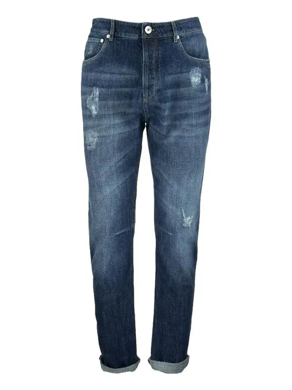 Brunello Cucinelli Logo-embroidered Distressed Straight Leg Jeans - Blue