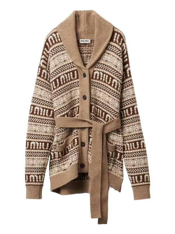 Miu Miu Button-up Belted Cardigan With Jacquard Logo - Sand-colored