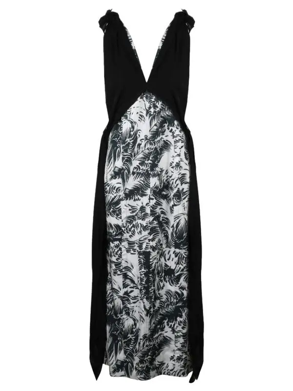 Bottega Veneta V-neck Feather Print Midi Dress - Black