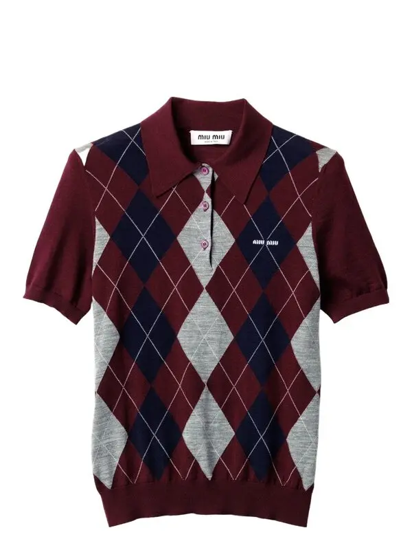 Miu Miu Argyle Knit Short-sleeved Polo Shirt - Burgundy