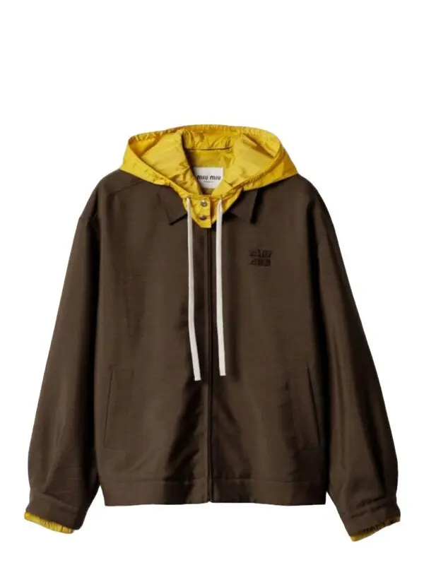 Miu Miu Drawstring Hooded Zip-up Jacket - Peat Brown/mustard Yellow