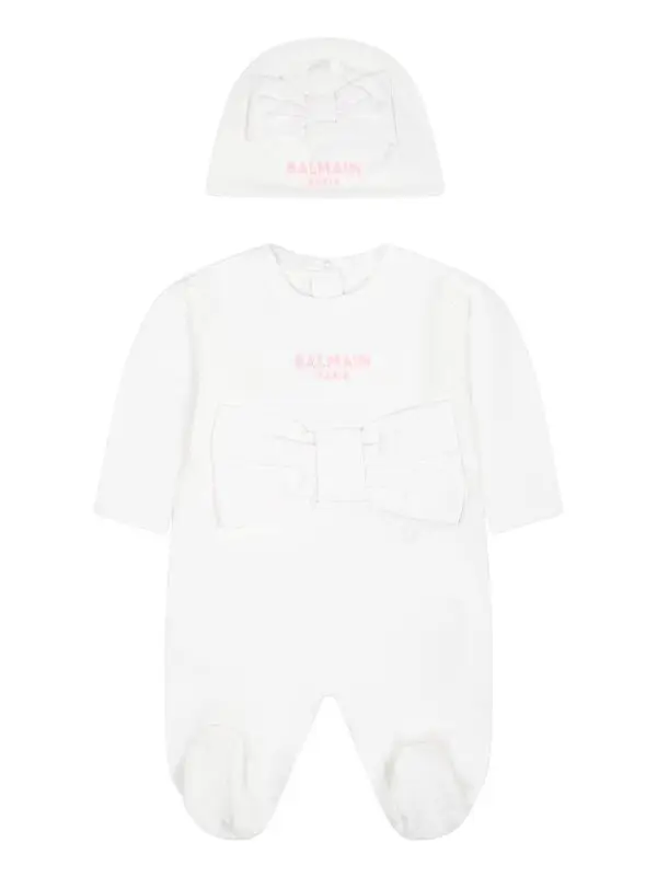 Balmain Logo-embroidered Cotton Babygrow Set With Hat - White