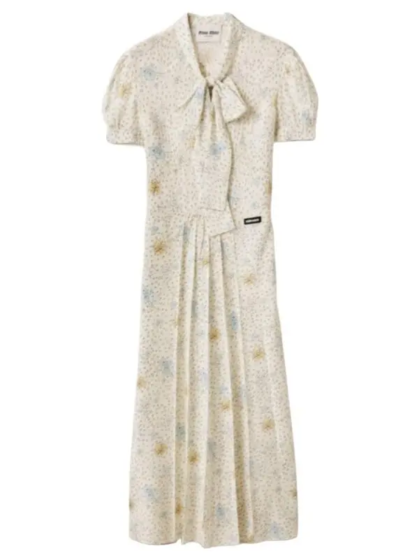 Miu Miu Printed Short Sleeve Midi Dress - White
