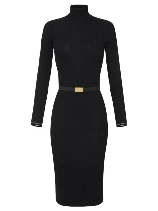 Elisabetta Franchi Ribbed High-neck Belted Midi Dress - Black