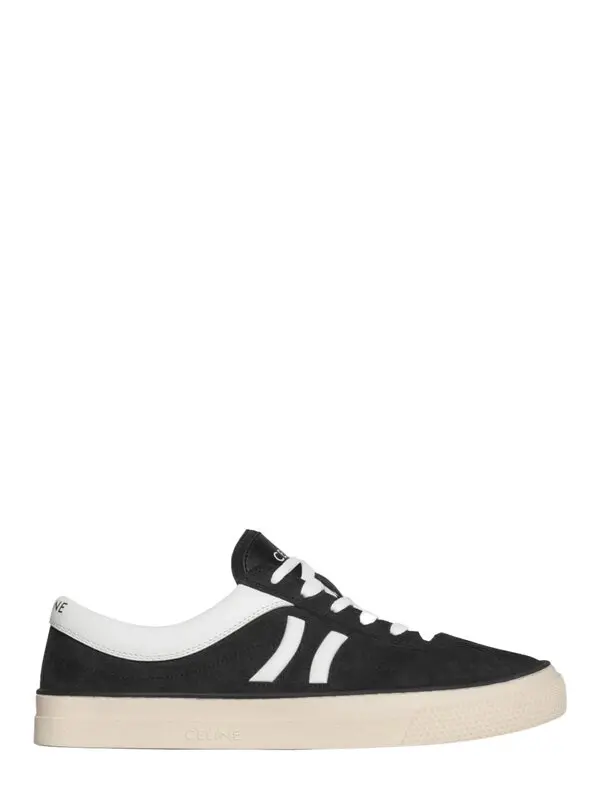 Celine Sunset Low Lace-up Sneakers In Suede Calfskin - Black/fluorescent White