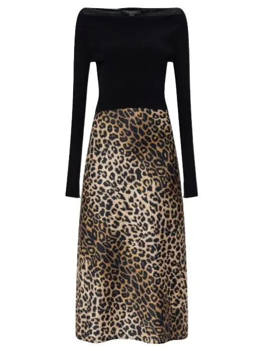 ALLSAINTS Leopard Print Off-shoulder Long Sleeve Dress - Black