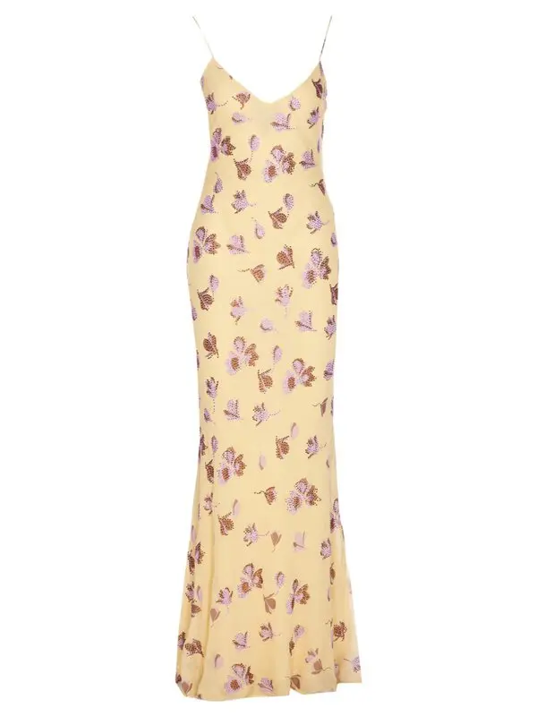 SELF-PORTRAIT Floral Print Rhinestone Maxi Dress - Yellow