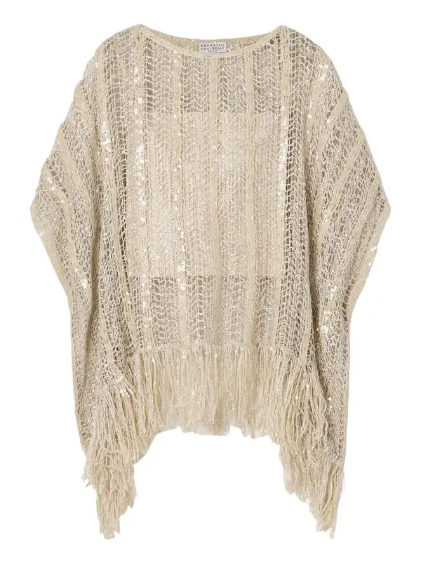 Brunello Cucinelli Embellished Tasseled Knit Poncho - Sand