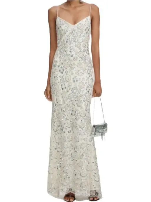 SELF-PORTRAIT Embellished Spaghetti-strap Maxi Dress - Cream