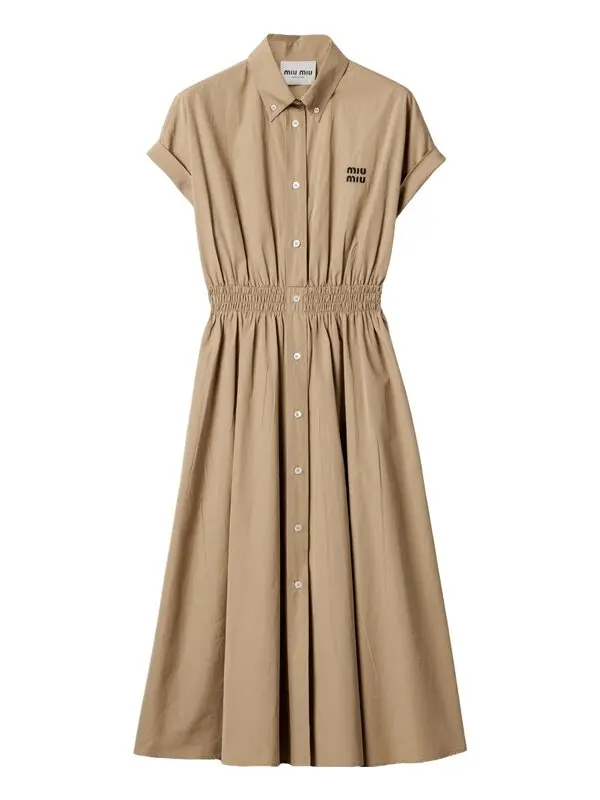 Miu Miu Logo Embroidered Poplin Shirt Dress - Khaki