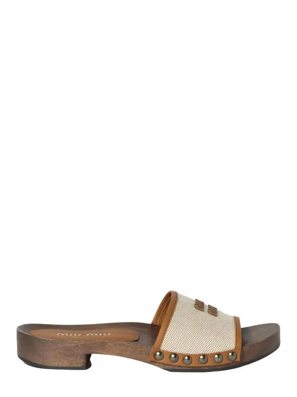 Miu Miu Canvas And Leather Clogs With Wooden Sole - Beige/brandy