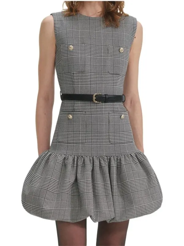 SELF-PORTRAIT Checked Dress With Pleated Skirt - Gray