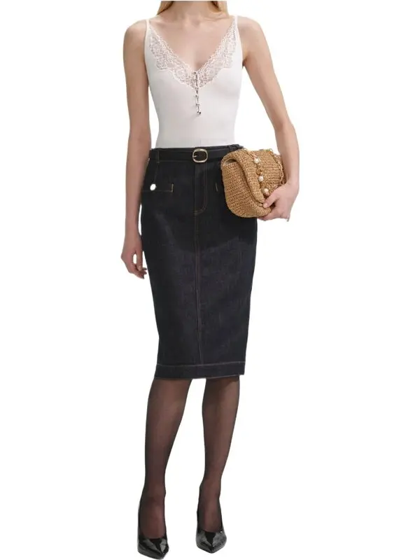 SELF-PORTRAIT Belted Waist Denim Midi Skirt - Indigo