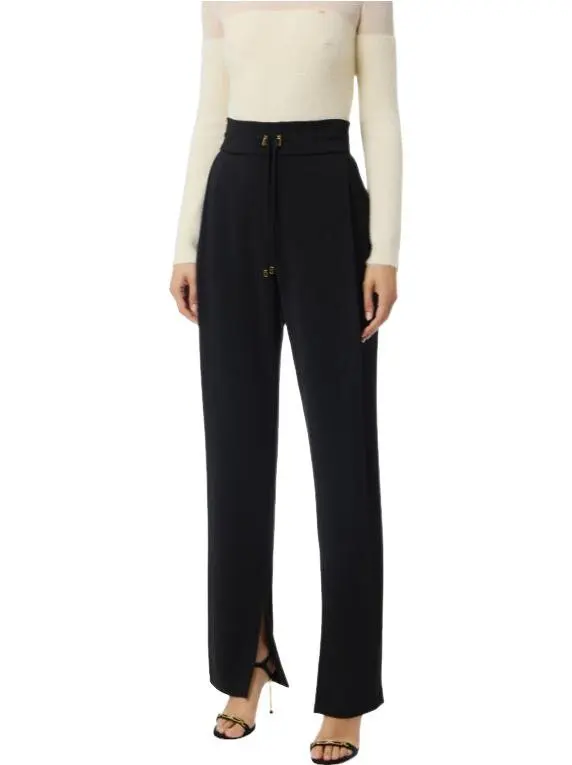 Elisabetta Franchi Lightweight Crêpe Trousers With Embellished Drawstring - Black