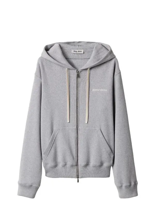 Miu Miu Zip-up Hoodie With Drawstring And Logo - Grey