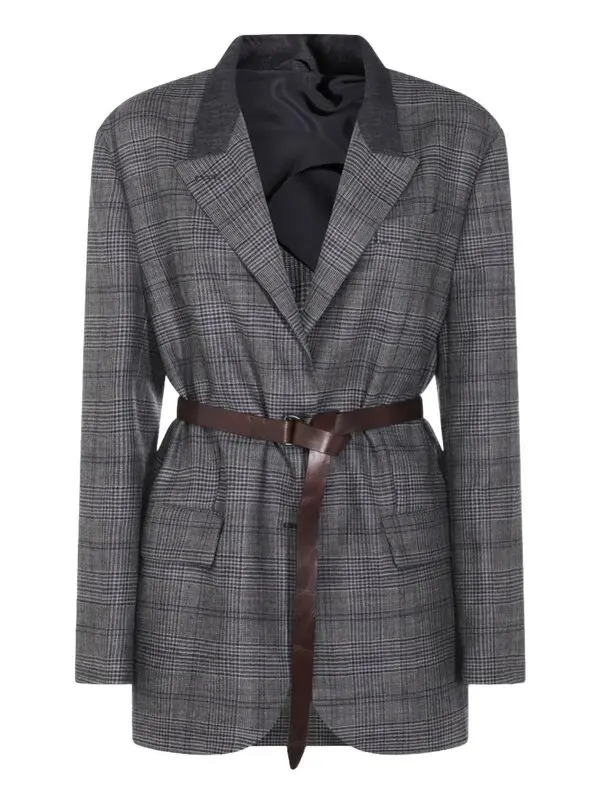 Brunello Cucinelli Single-breasted Belted Blazer With Checked Pattern - Grey