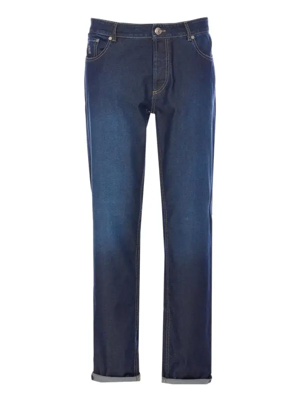 Brunello Cucinelli Logo Patch Turn-up Hem Jeans - Blue