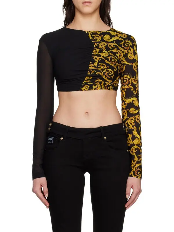Versace And Gold Baroque Print Spliced Cropped T-shirt - Black