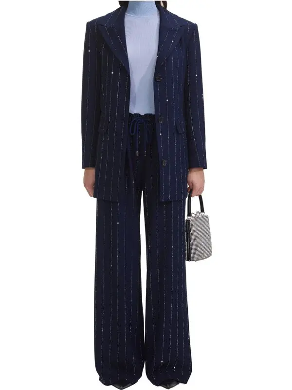 SELF-PORTRAIT Embellished High-waisted Trousers - Navy Blue
