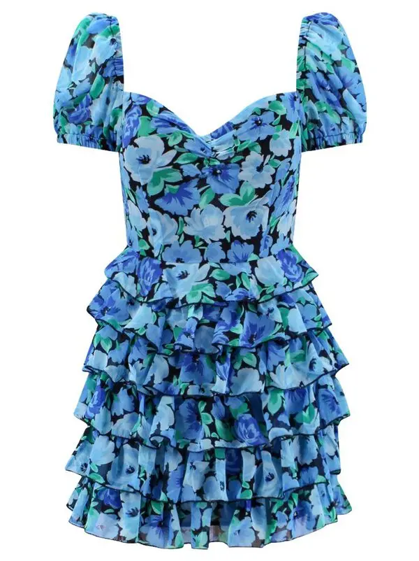 ROTATE BY BIRGER CHRISTENSEN Floral-printed Puff Sleeve Ruffled Mini Dress - Blue