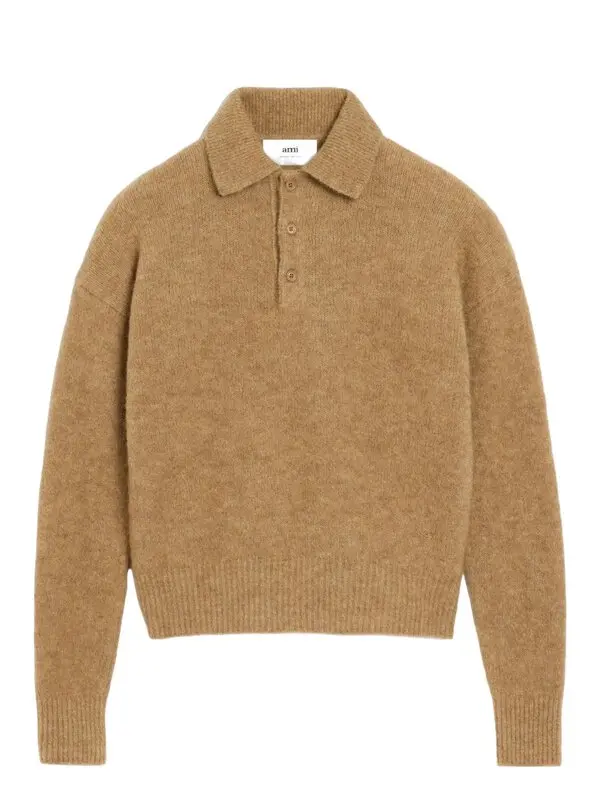 AMI Paris Logo Embroidered Long-sleeved Polo Shirt - Camel
