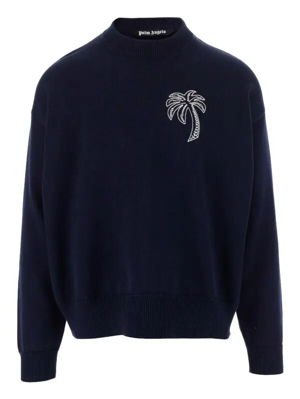 Palm Angels Logo Intarsia Knit Crewneck Jumper - Black