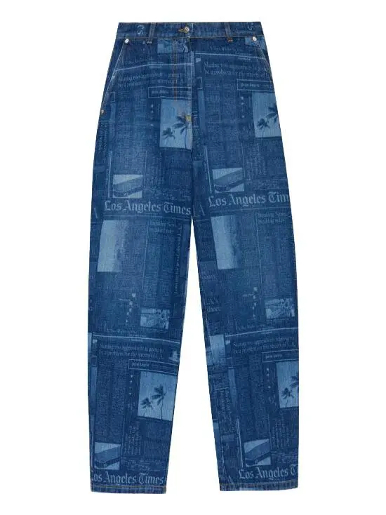 Palm Angels Newspaper Print Cotton Jeans - Blue